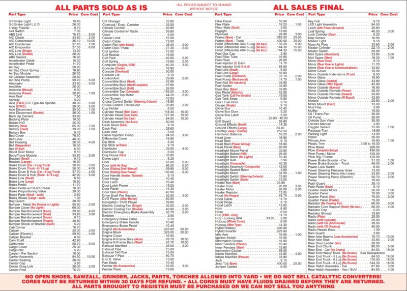 Price List - Harry's U-Pull It